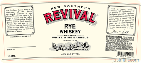 High Wire Distilling New Sothern Revival Rye Whiskey Finished In White ...