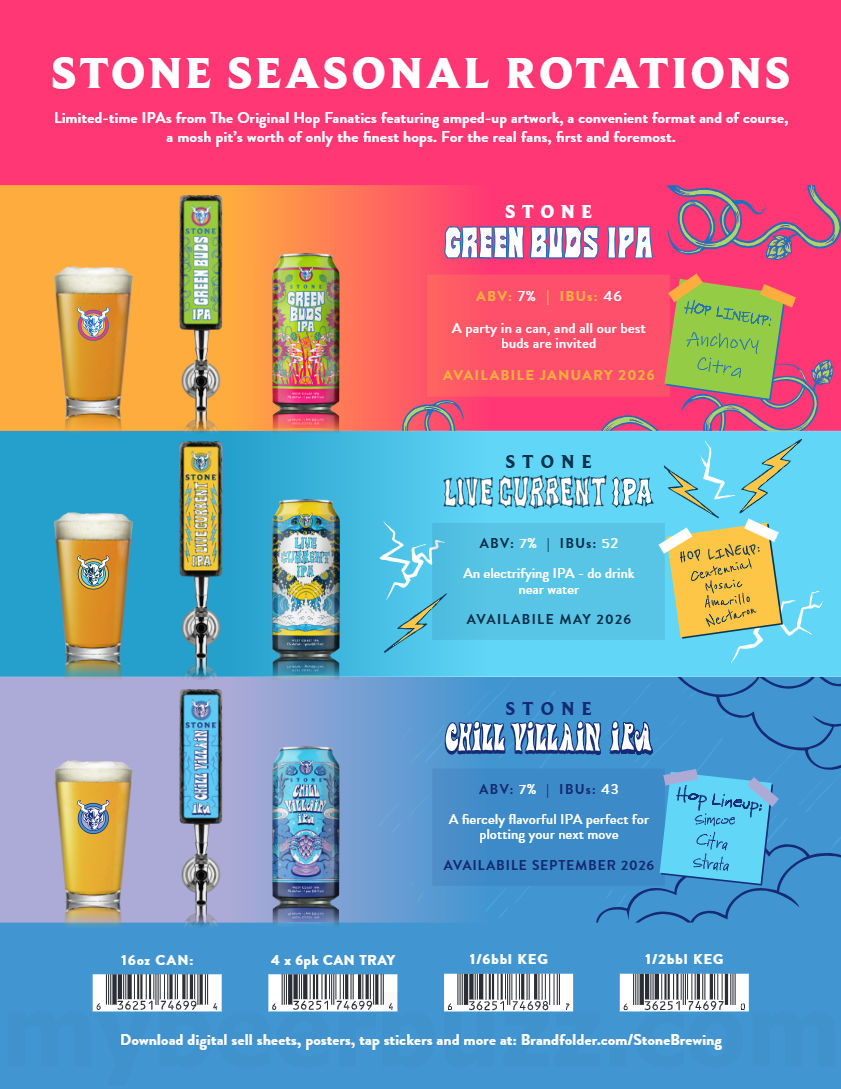 Stone Green Buds IPA, Live Current IPA & Chill Villain 2026